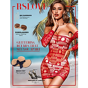 RSLOVE Womens Fishnet Lingerie Babydoll Bodysuit Sexy Chemise Dress Exotic Beach Cover Up Red