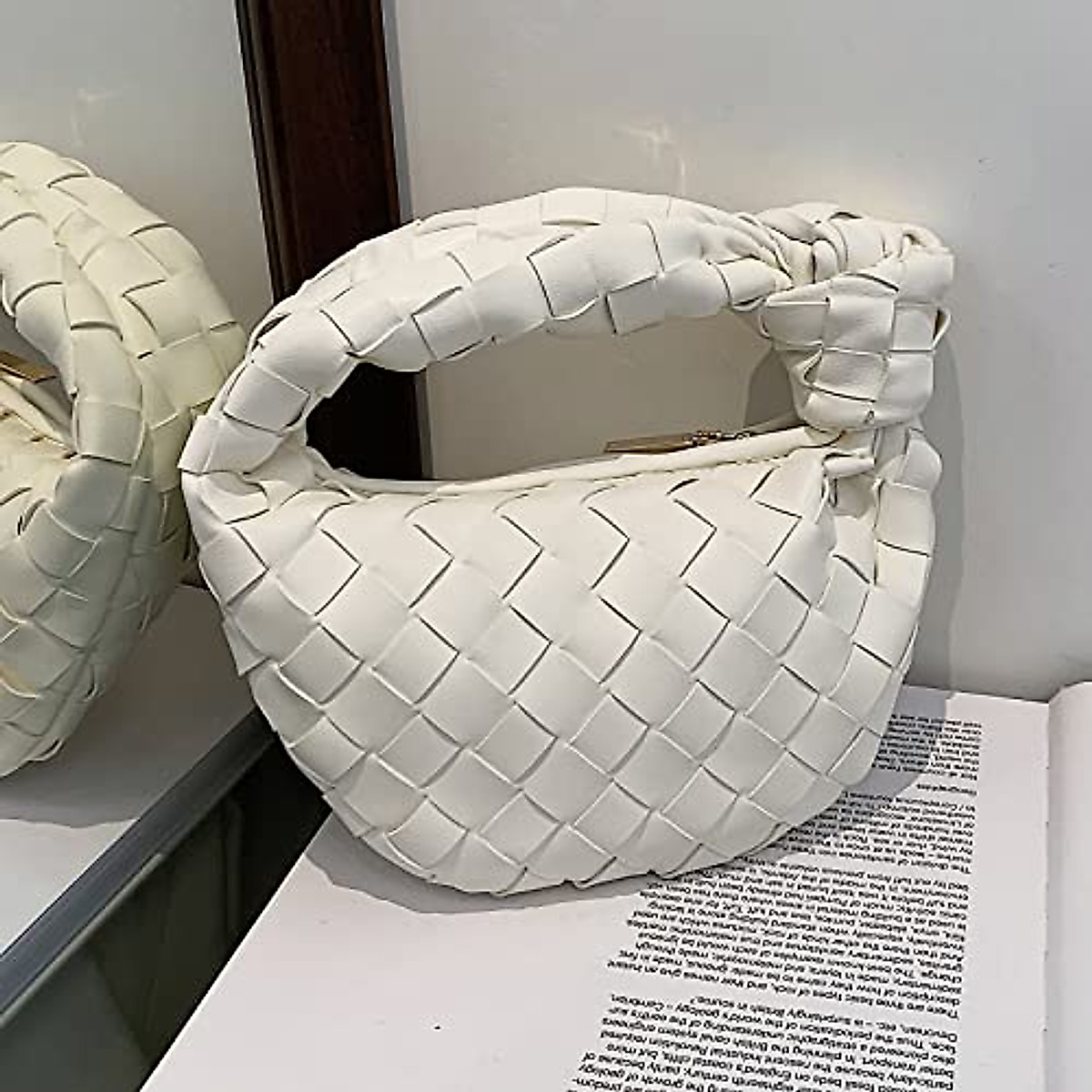 Women's Hobo Handbags Purse Soft PU Leather Women's Shoulder Handbags Woven Handbag Mini Knotted Woven Hobo Bag (White)
