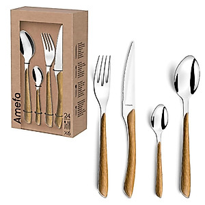 Amefa Eclat Nature Wood Pattern Handle 18/0 Flatware Set - Brown - 24 Piece Place Setting - Service for 6 -Fork Knife Spoons (2) - Amefa Wooden Cutlery Set - Flatware Set - Silverware Set