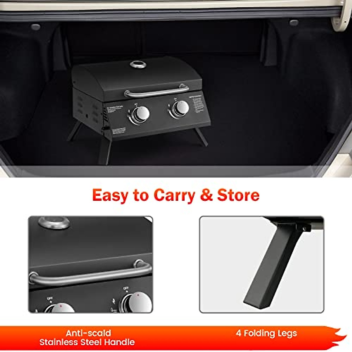 COSTWAY Portable Gas Grill, 20,000 BTU Tabletop Barbecue Grill with 2 Burners, Dual Temperature Control, Folding Legs, Built-in Thermometer, Propane Gas Grill for RV Backyard BBQ Camping Patio, Black