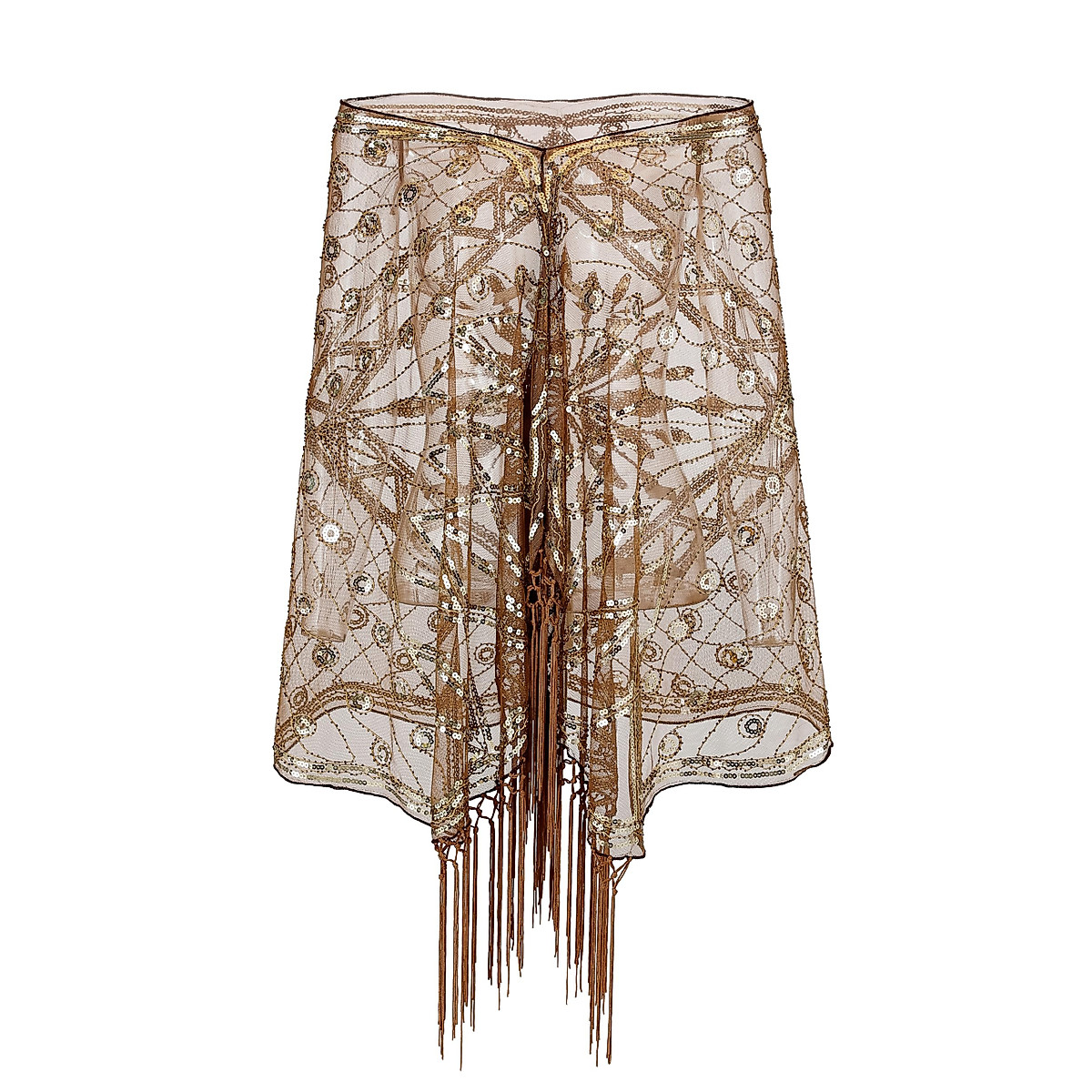 Metme Women's 1920s Scarf Wraps Sequin Deco Fringed Wedding Cape Evening Shawl Vintage Prom (Coffee Gold)