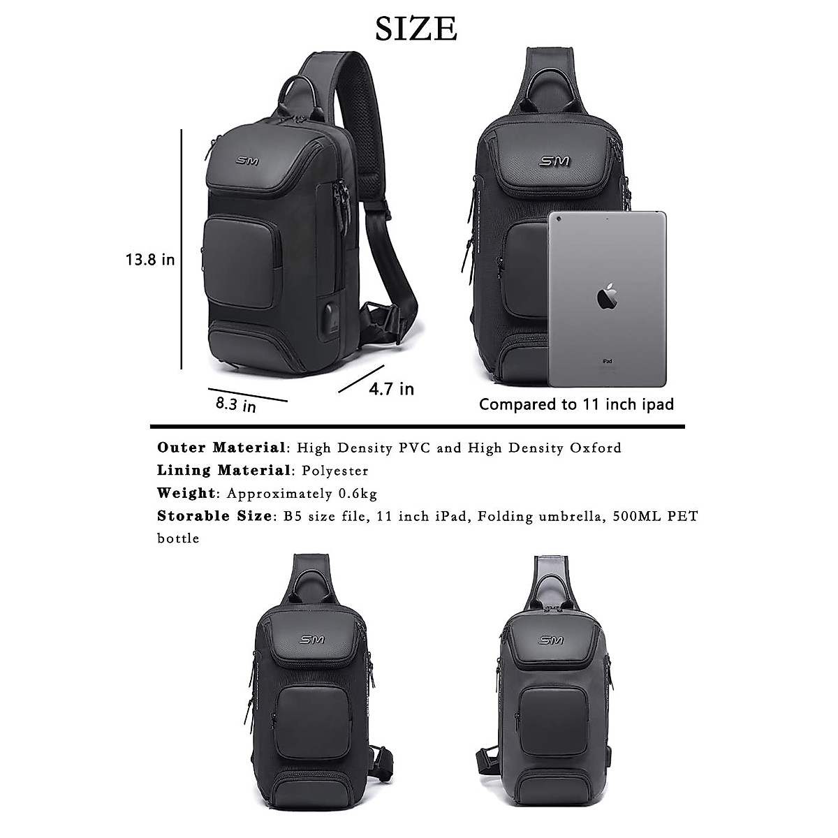 SMONT Sling Bag Crossbody Backpack Waterproof Men's Chest Bag with USB Charging Port Shoulder Casual Daypack for Cycling Fitness Walking