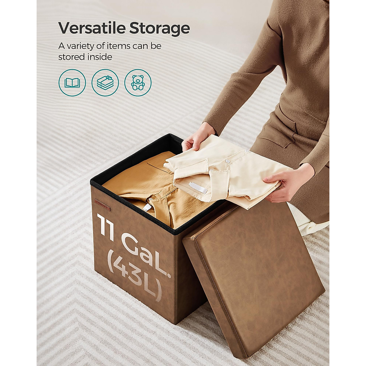 SONGMICS 15 Inches Ottoman with Storage, Footstool, Storage Ottoman, Synthetic Leather, 660 lb Load Capacity, for Dorm Room, Living Room, Bedroom, Coffee Brown ULSF010K01