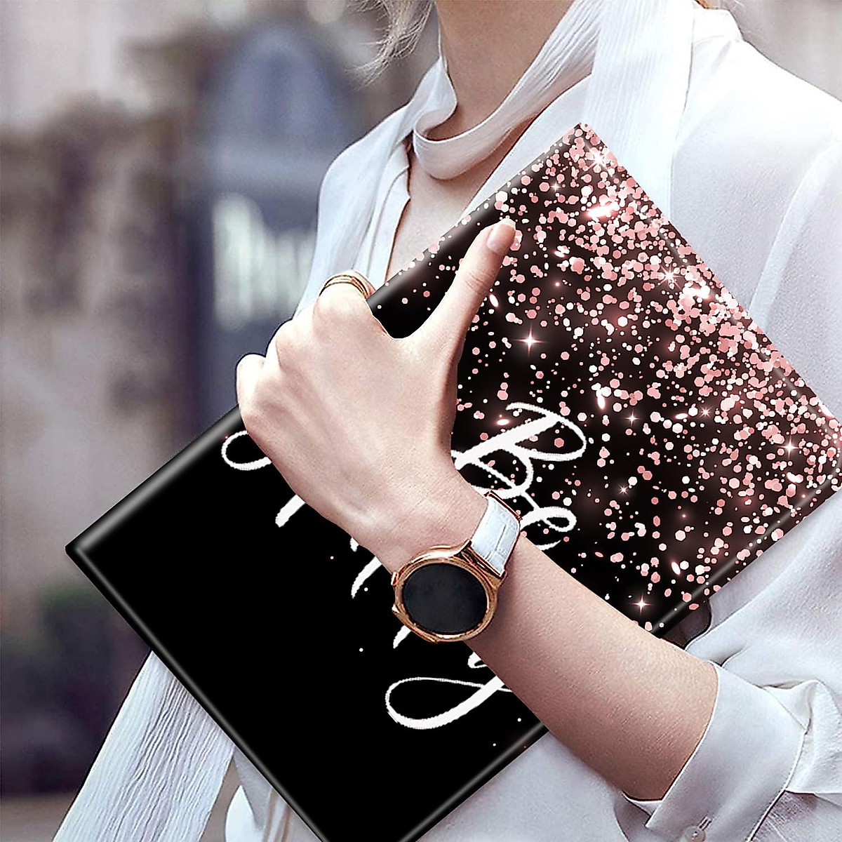Case for Samsung Galaxy Tab S8 Plus 2022/ Tab S7 FE 5G 2021/ Tab S7 Plus 2020 Tablet 12.4-inch, Multi-Angle Bracket with Automatic Sleep/Wake Protection Case - Rose Gold Glitter Black Be Happy