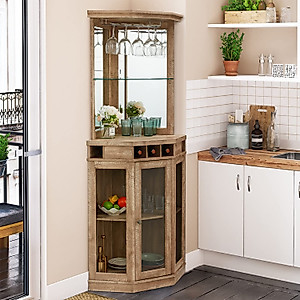 EROMMY Corner Bar, Home Liquor Storage Unit in High Density Board Finish with Built-in Wine Rack and Lower Cabinet, Hanging Stemware Rack, Burlywood