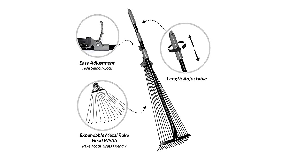 Walensee Garden Leaf Rake 64 Inch Adjustable Folding Leaves Rake Tools ...