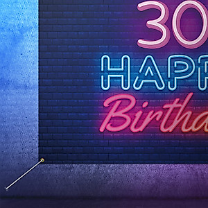 Glow Neon Happy 30th Birthday Backdrop Banner Decor Black – Colorful Glowing 30 Years Old Birthday Party Theme Decorations for Men Women Supplies