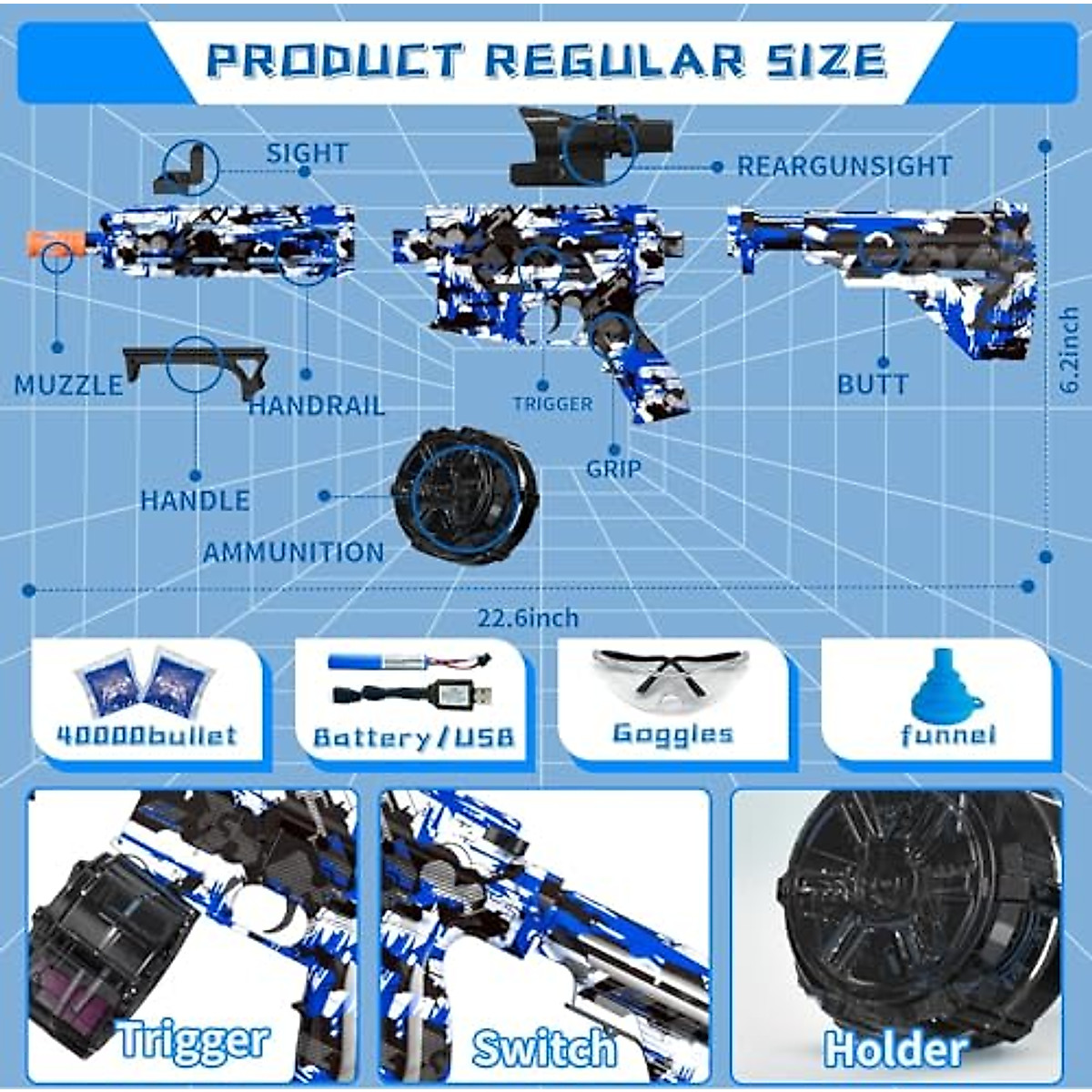 Electric Gel Ball Blaster, High Speed Automatic Splatter Ball Blaster with 40000+ and Goggles, JIFTOK Rechargeable Splatter Ball Toys for Outdoor Activities Shooting Game Party Favors-Blue