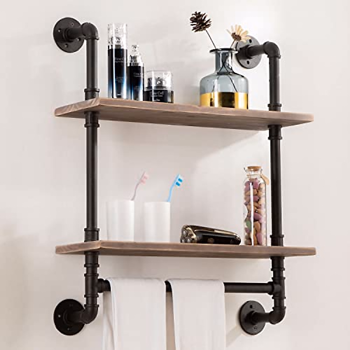 ROGMARS Industrial Pipe Shelving,Iron Pipe Shelves Industrial Bathroom Shelves with Towel bar,24 in Rustic Metal Pipe Floating Shelves Pipe Wall Shelf,2 Tier Industrial Shelf Wall Mounted with Hook