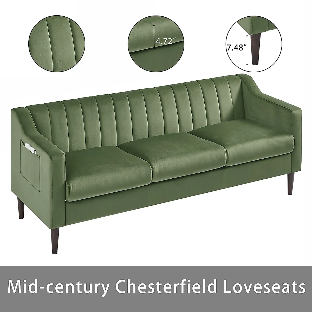 RIDFY Modern Velvet Chesterfield Sofa Couch, Large 3 Seats Love Seats Sofa Furniture, 76" Comfortable Upholstered Cofa with Wooden Frame and Wood Legs for Living Room/Bedroom/Office (Green)