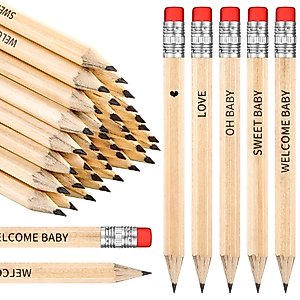 Crtiin 50 Pieces Baby Shower Pencils for Games Mini Golf Half Pencils, Presharpened with Erasers, 4 Inch(Wood Color,Simple Style)