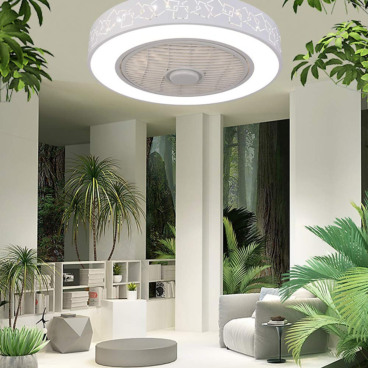Ceiling Fan Light, Enclosed Round LED Dimmable Ceiling Lighting Fan with Invisible Blades,Semi Flush Mount Low Profile Fan W/Remote Control for Bedroom Office Living Room Children's Room 110V