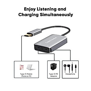 CableCreation USB Type C Splitter, 2-in-1 USB C Audio Adapter and PD Fast Charging, Compatible with iPad Pro, MacBook Air, Galaxy Note 10, S9, S10, S20, S21 Ultra, S22, Pixel 2 3 XL, Aluminum Gray