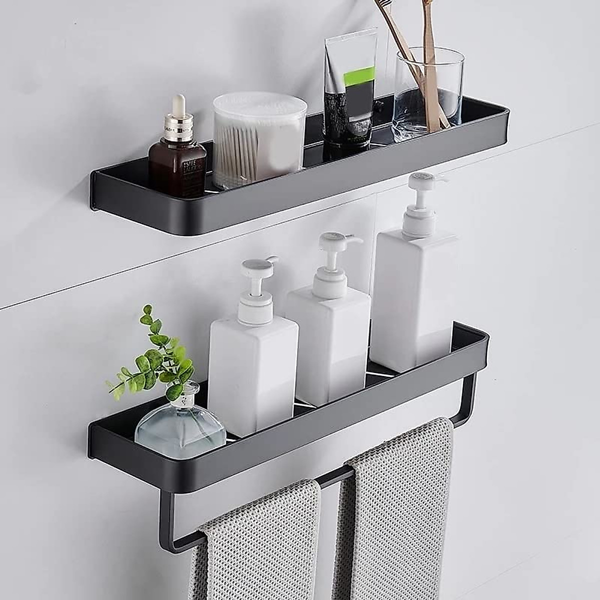 NEYSTYP Bathroom Shelves,Aluminum Wall Shelf Shower Organizer With Towel Bar,Adhesive or Drilling 2-In-1 Installation,12X5 Inches Shower Caddy ​- Gray (12 in)