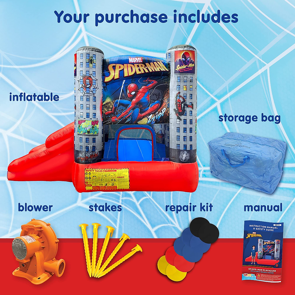 Funormous Marvel Spider-Man Bounce House with Slide, Kids Inflatable Spiderman Bouncy Castle Indoor Outdoor Plus Heavy Duty Air Blower