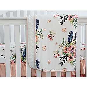 Sahaler Baby Crib Bedding Set for Boy Girls, Nursery Fitted Sheets Baby Minky Blanket Crib Kids Protective Pad Sets(Feather Floral 3pc Set)