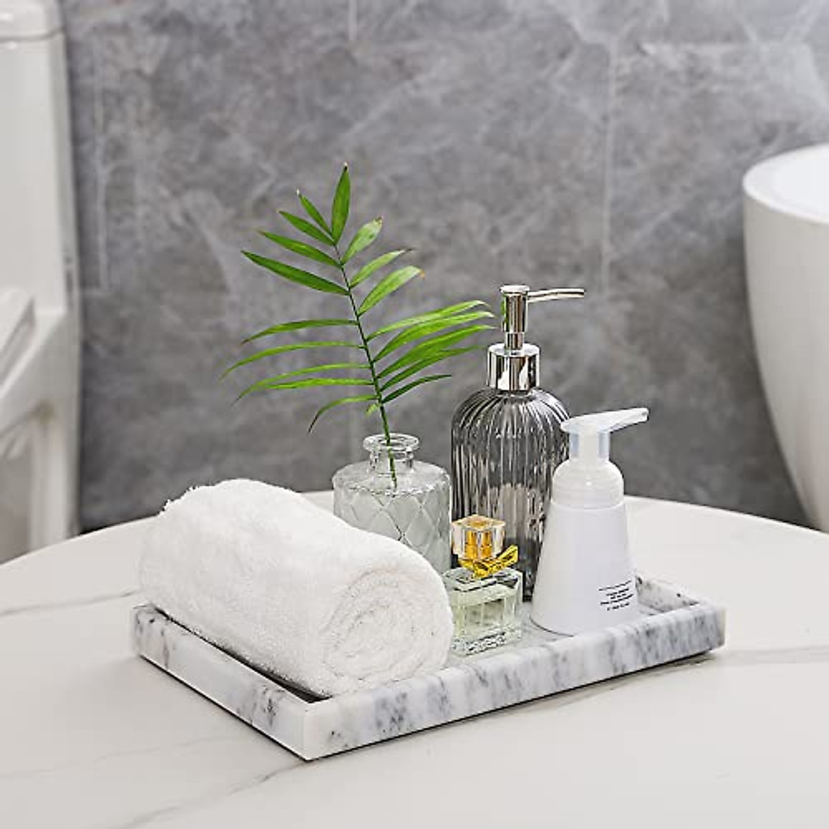 HESHIBI Marble Tray,Bathroom Tray,100% Natural Marble Vanity Tray for Bathroom,Kitchen,Toilet Tank,Vanity. White 12"x 8" x1.2"