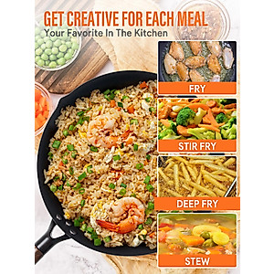 BrBrGo Carbon Steel Wok Pan, 5 Piece Authentic Chinese Wok & Stir-Fry Pans Set with Wooden Lid, No Chemical Coated Flat Bottom Chinese Woks Pan for All Stoves-13“