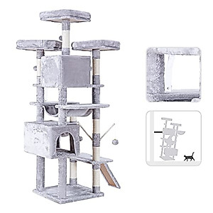 Hey-brother Cat Tree, 71 inches XL Large Cat Tower for Indoor Cats, Multi-Level Cat House with 3 Padded Perches, Big Scratcher, Cozy Basket, 2 Cat Condos and Scratching Posts, Light Gray MPJ034W