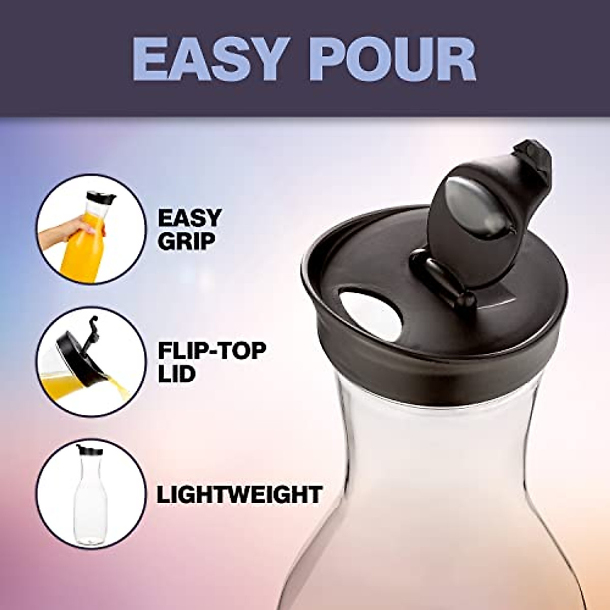 Umien 50 Oz Water Carafe with Flip Top Lid set of 2, Clear Plastic Pitcher for Milk, Iced Tea Beverage, Cold Brew and Mimosa Bar. Drink Containers for Fridge - BPA-Free (Wide Round)