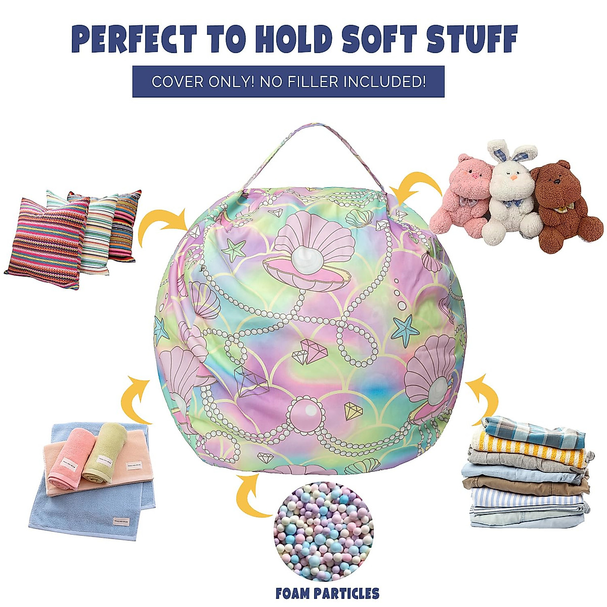 LOLOMLO Stuffed Animal Storage Bean Bag Chair Cover, Hold Kids Plush Toys Blankets Towels Beanbag (Cover Only), Canvas Floor Circle Stuff Sit Seat Sofa with YKK Zipper, Large 32", Pink Shell