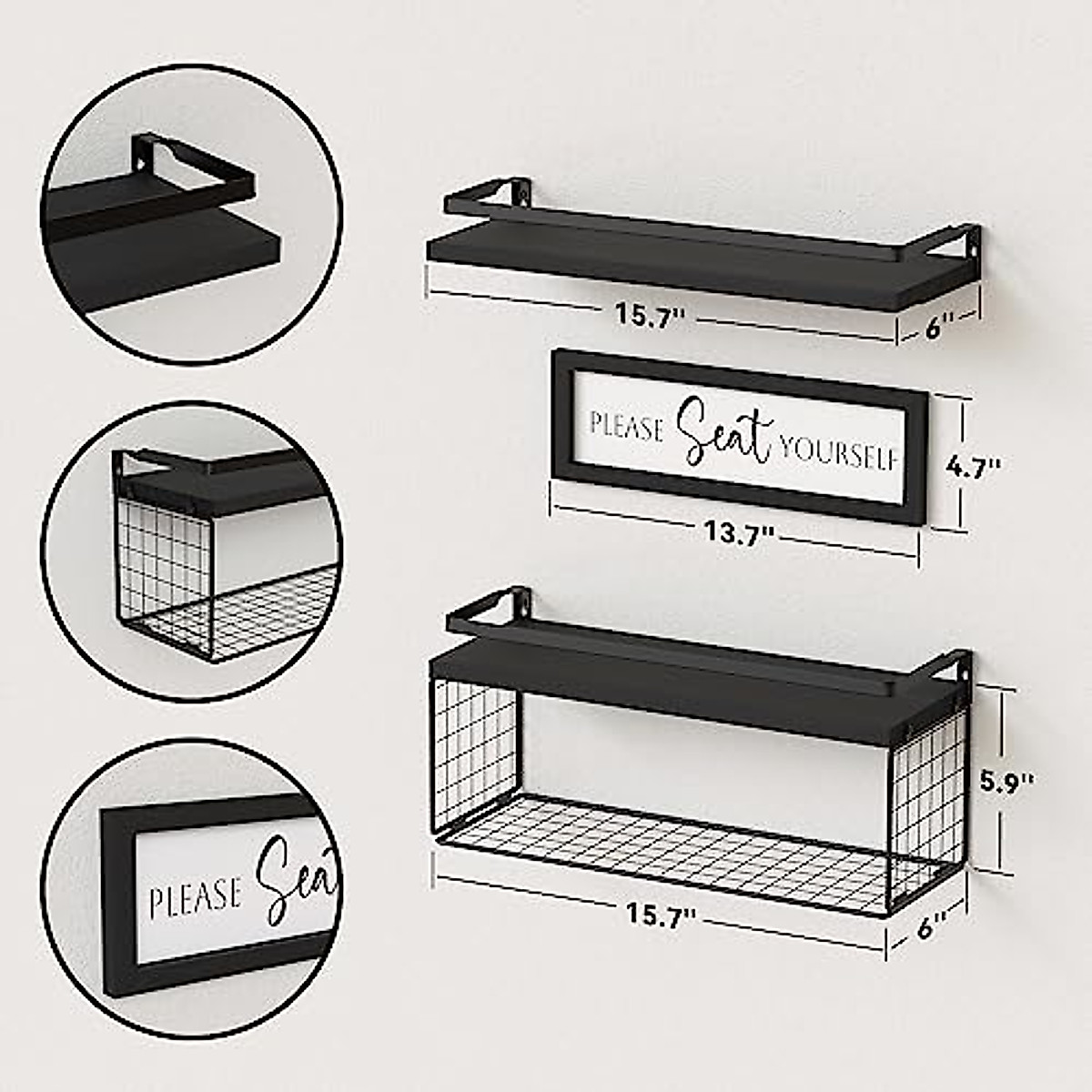 DOLLFIO Floating Shelves with Wall Décor Sign, Bathroom Shelves Over Toilet with Wire Storage Basket, Wood Wall Shelves with Protective Metal Guardrail– Black