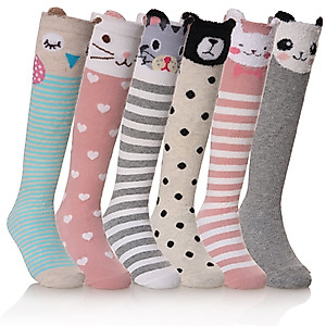 FNOVCO Girls Knee High Socks Cartoon Animal Patterns Cotton Over Calf Socks (6 Pairs Animal)