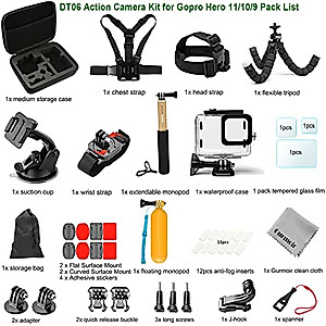 Gurmoir Accessories Kit with Waterproof Housing Case for GoPro Hero 11/Hero 10/Hero 9 Black, Full Essential Action Camera Video Accessory Set Bundles for Go Pro 11/10/9 Accessories Kit(DT06)