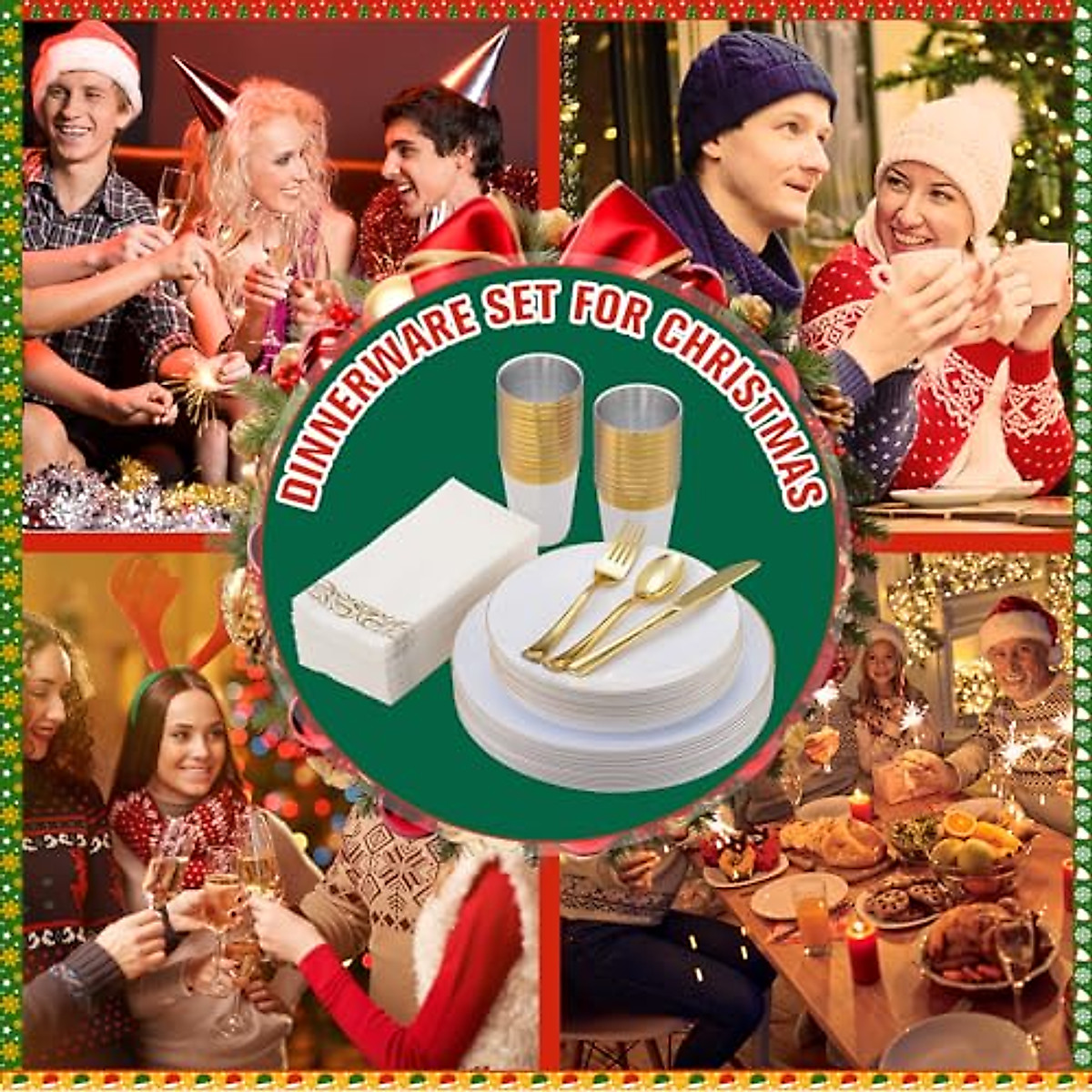 Vplus 175 Count Gold and White Plastic Plates Sets, Disposable Dinnerware Sets for Wedding Party