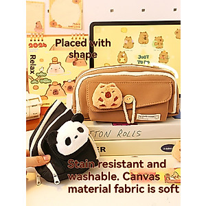 forzma Open Wide 4 Compartment Pencil Case Pen Pouch Canvas Capybara with Pen Slots Grids Bonus Pin Brown/Black (Milk Coffee)