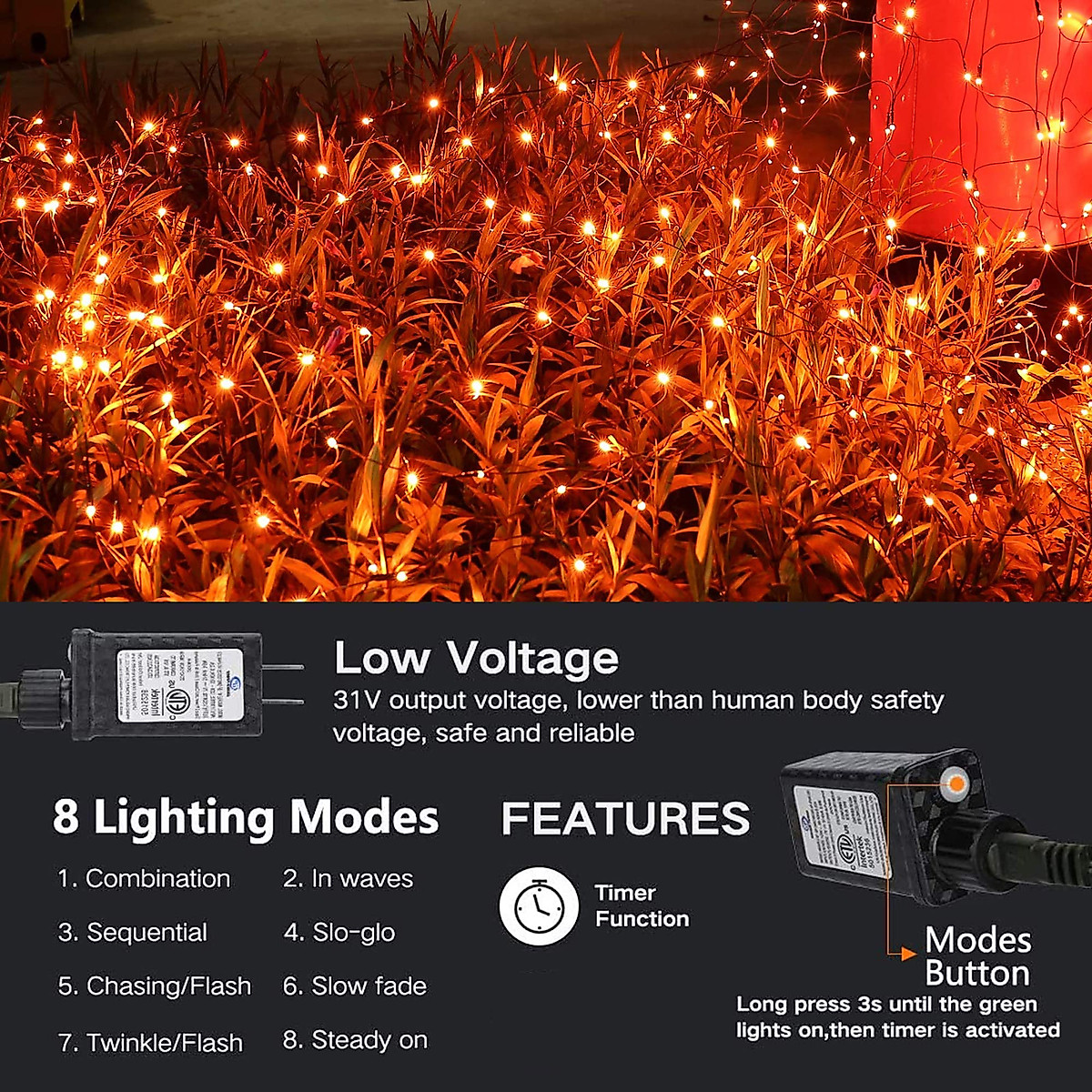 Joomer 12ft x 5ft 360LED Orange Halloween Net Lights Outdoor Mesh Lights, 8 Modes Timer Connectable Waterproof Bush Lights Mesh Netting Lights for Halloween Outdoor Decorations (Green Wire)