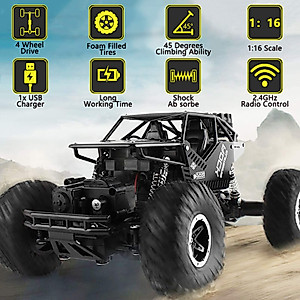 RC Car Remote Control Truck 4x4 Off Road Monster Truck for Kids, 2.4Ghz 1:16 Rock Crawler with Two Rechargeable Batteries Waterproof for All Terrain Electric Toy Car for Boys and Girls