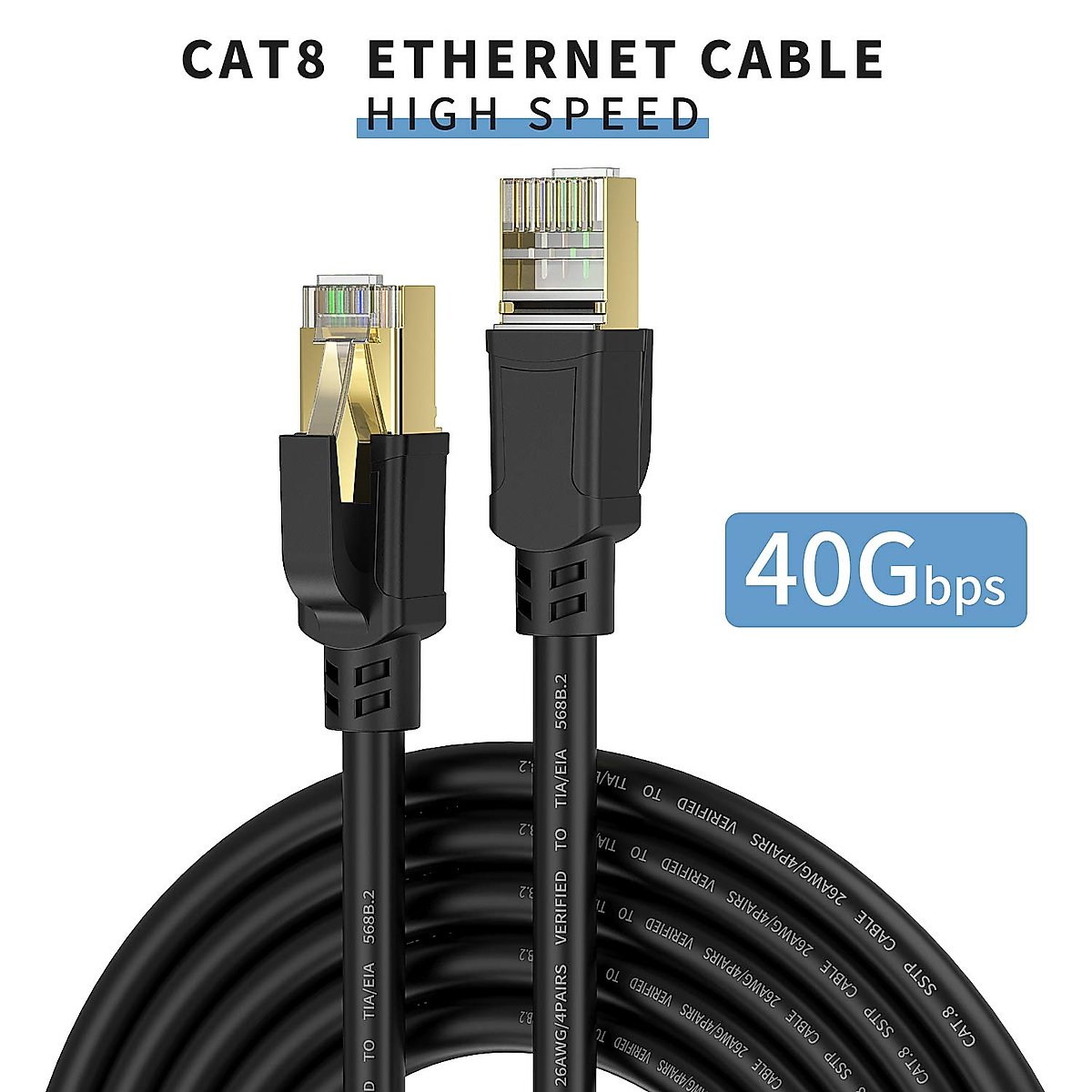 YixHG CAT 8 Ethernet Cable 100 ft, Internet Network Cord, 40Gbps 2000Mhz LAN Wires, High Speed SSTP LAN Cables with Gold Plated RJ45 Connector for Router, Modem, Gaming, Xbox (100 ft)