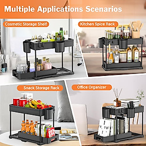 HINZER Under Sink Organizers and Storage, Slide Out Kitchen Cabinet Organizer 2 Tier Bathroom Counter Organizer with Hooks, Hanging Cups, Dividers, Multipurpose Cleaning Supplies Organizer for Home