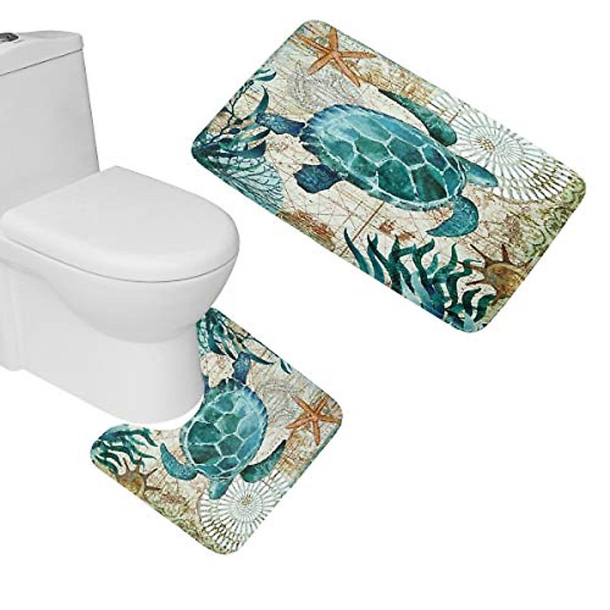 Amagical Sea World Sea Turtle Pattern 3 Piece Bathroom Mat Set Shower Curtain Set Bathroom Mat Carpet Contour Mat Fabric Shower Curtain with 12 Hooks