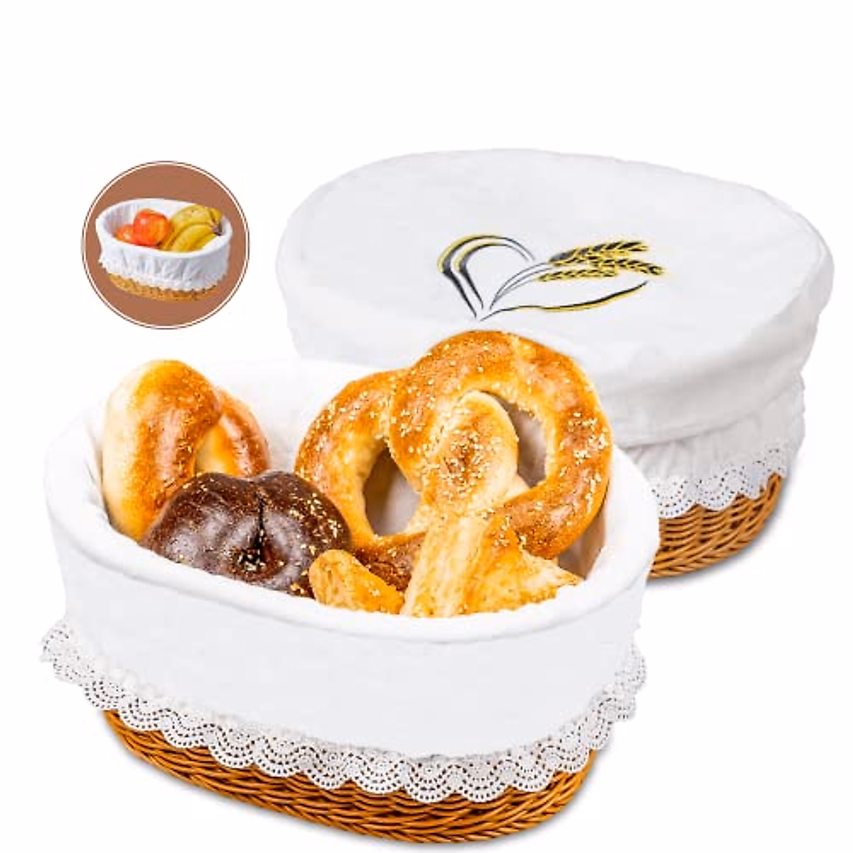 A ARTIZANKA Extra Large 12.5' Bread Basket Serving Set for Sourdough Bread, Pastries, Muffins, Bagels. Includes Removable Liner and Cover, Storage and Fruit basket (Poly Wicker Extra Large Basket)