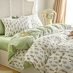 Wake In Cloud - Floral Duvet Cover Set, Tiny Flower and Leaf Botanical Cottagecore Aesthetic for Women Teen Girls, Soft Lightweight Bedding, 3-Piece, Green White, Queen Size