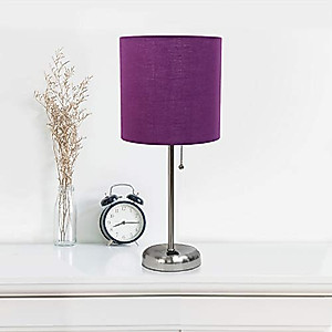 Limelights LC2001-PRP-2PK Brushed Steel Stick Lamp with Charging Outlet and Purple Fabric Shade 2 Pack Table Desk Lamp Set