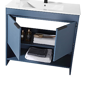 Fine Fixtures Bathroom Vanity with Integrated Ceramic Sink - Bathroom Vanity with Sink & Modern Knob Design - Bathroom Vanities with Sturdy Marble Top & Soft Closing Doors (36 Inch) Navy Blue