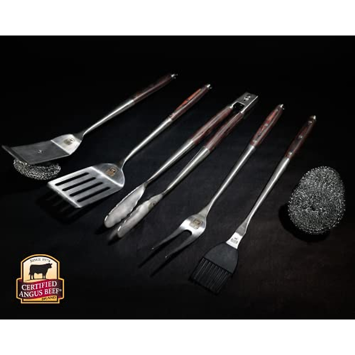Certified Angus Beef Premium Grilling Set - 5 Piece Heavy Duty Stainless Steel Grill Tool Set with Pakkawood Handles for BBQ Accessories, Tailgating, and Smoker Accessories