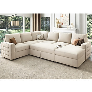 HONBAY Sleeper Sectional Sofa with Storage Chaise U Shaped Sectional Couch for Living Room, Velvet Sleeper Sectional Couch with Pullout Bed, Beige