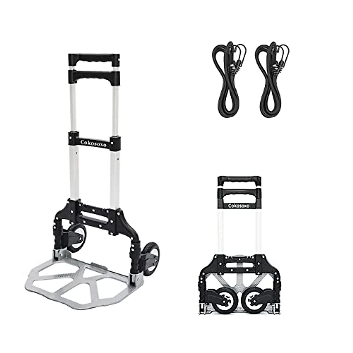 Folding Hand Truck and Personal Dolly, 165lbs Capacity Aluminium Portable Folding Hand Cart with Rubber Wheels and 2 Bungee Cord, Ideal for Home, Auto, Moving, Office, Travel