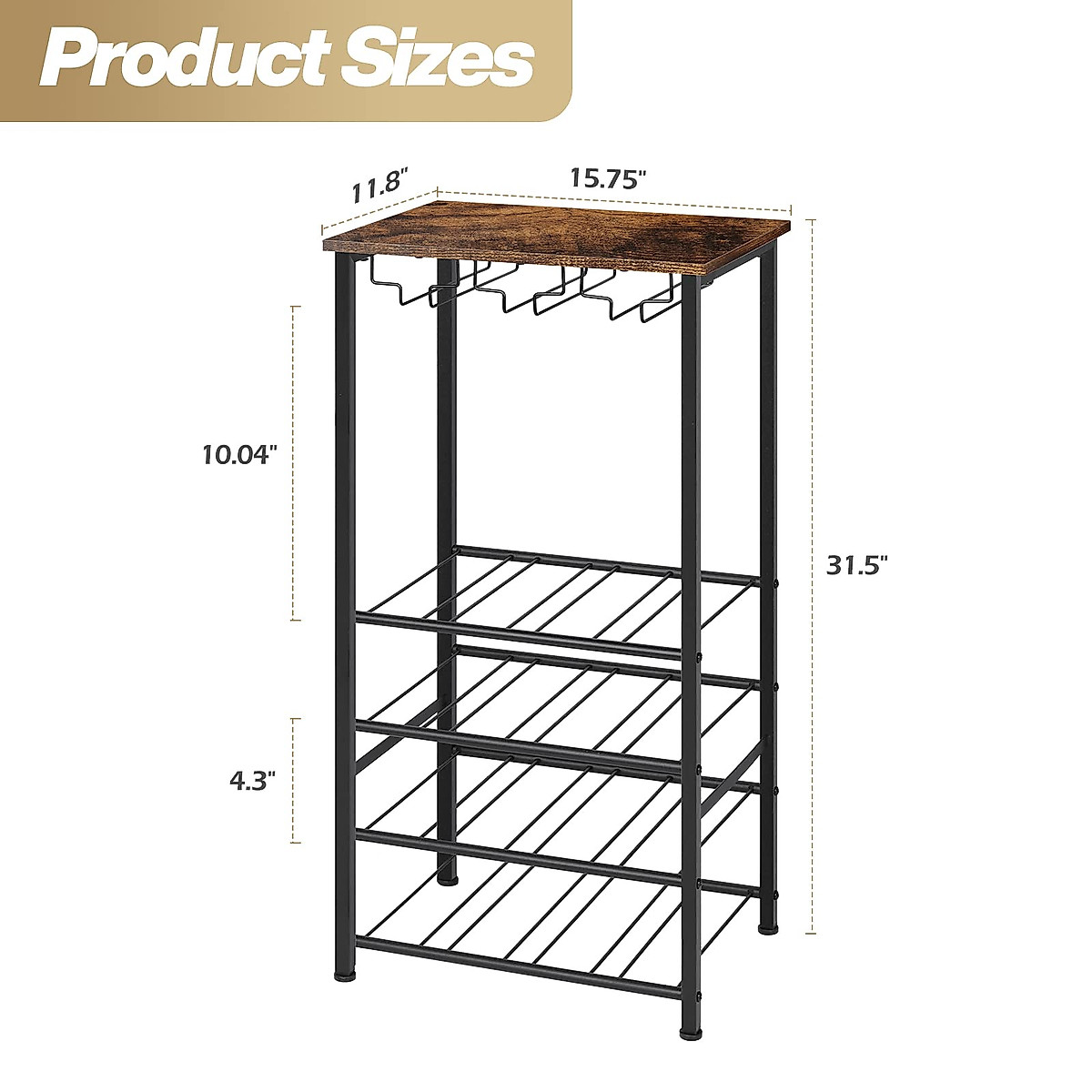 Sunexinlo Wine Rack Freestanding Floor, Wine Rack Table Hold 16 Bottles with Glass Holder, Tall Standing Metal Wine Bottle Holder Display Rack Stand