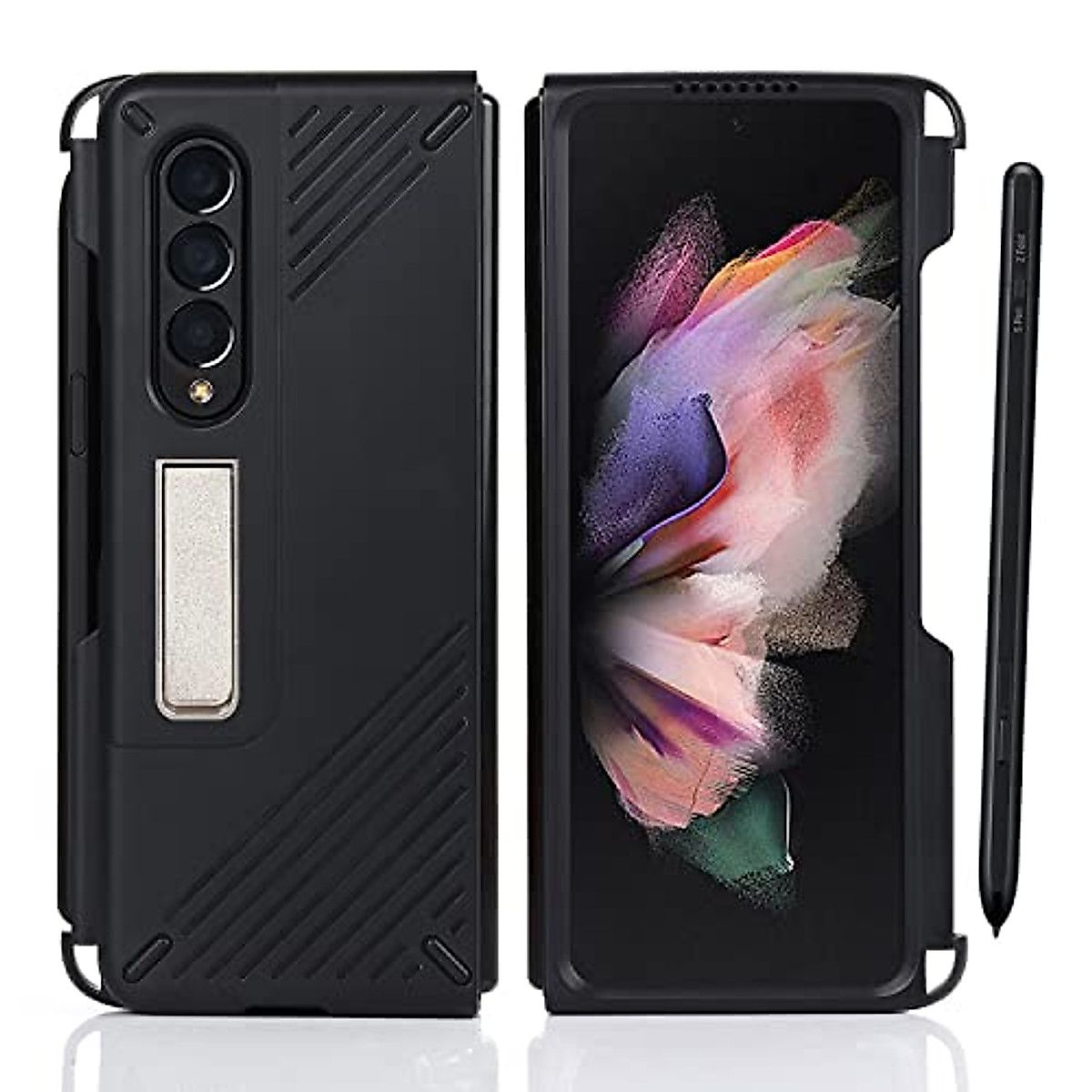 Cavor Designed for Samsung Galaxy Z Fold 3 Case with S Pen Holder and Magnetic Kickstand Feature,Full Body Protective Anti-Scratch Anti-Drop Wear-Resistant PC Material Hard Flip Cover- Black