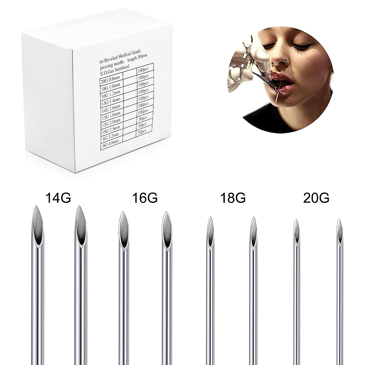 JIESIBAO 100PCS Mixed Body Piercing Needles, 14G 16G 18G 20G Stainless Steel Sterile Disposable Ear Nose Navel Nipple Lip Piercing Needles