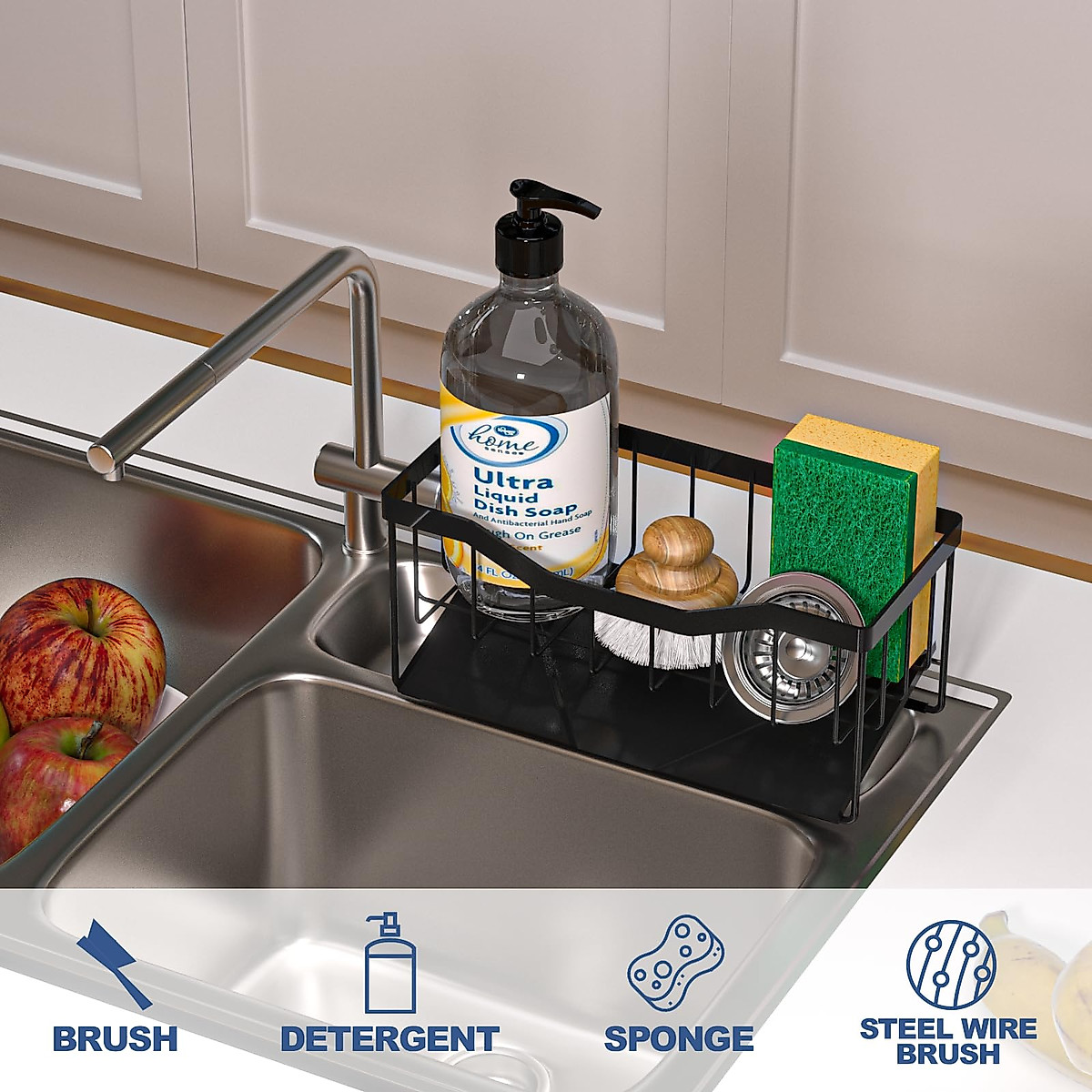 Vanwood Sponge Holder for Kitchen Sink with Auto Draining Tray, Sink Caddy Kitchen Sink Cocina Organizer, Self Drain Dish Soap Sponge Caddy for Counter