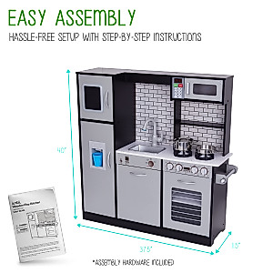 Lil' Jumbl Kids Kitchen Set, Pretend Wooden Play Kitchen, Battery Operated Icemaker, Burners, Faucet & Microwave Makes Realistic Sound & Light, Pots & Pan Included - Charcoal