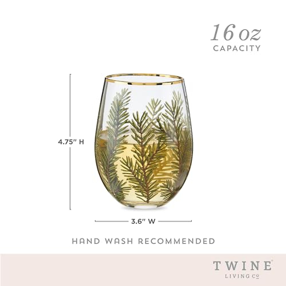 Twine Woodland Stemless Wine Glasses, Festive Gold Rim Tumblers, Decorative Barware, 16 Oz Set of 2