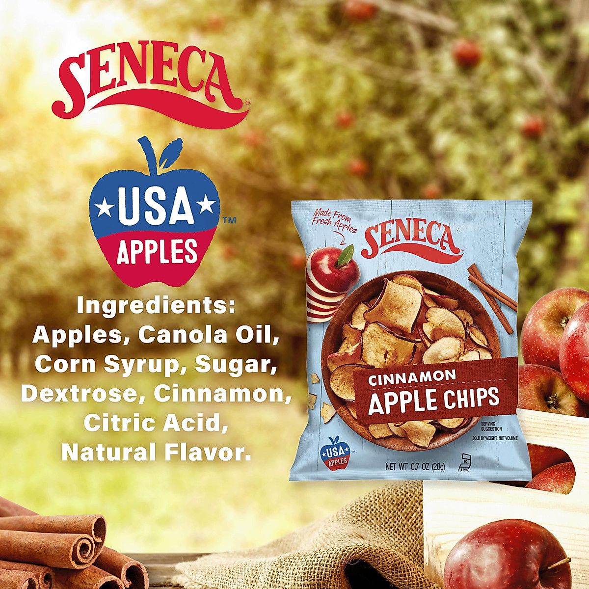 Seneca Cinnamon Apple Chips | Made from Fresh Apples | 100% Red Delicious Apples | Yakima Valley Orchards | Real Cinnamon | Crisped Apple Perfection | Foil Fresh Bag | 0.7 ounce (Pack of 24)
