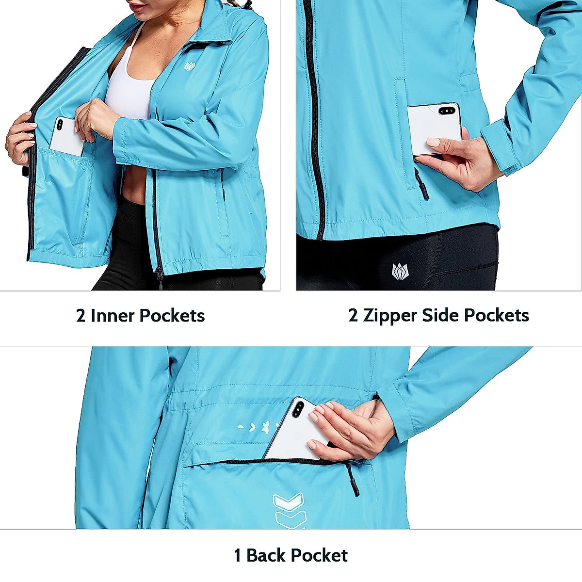 FitsT4 Sports Women's Cycling Running Jackets Lightweight Windproof Bike Windbreaker Reflective with Hood Light Blue Size XL